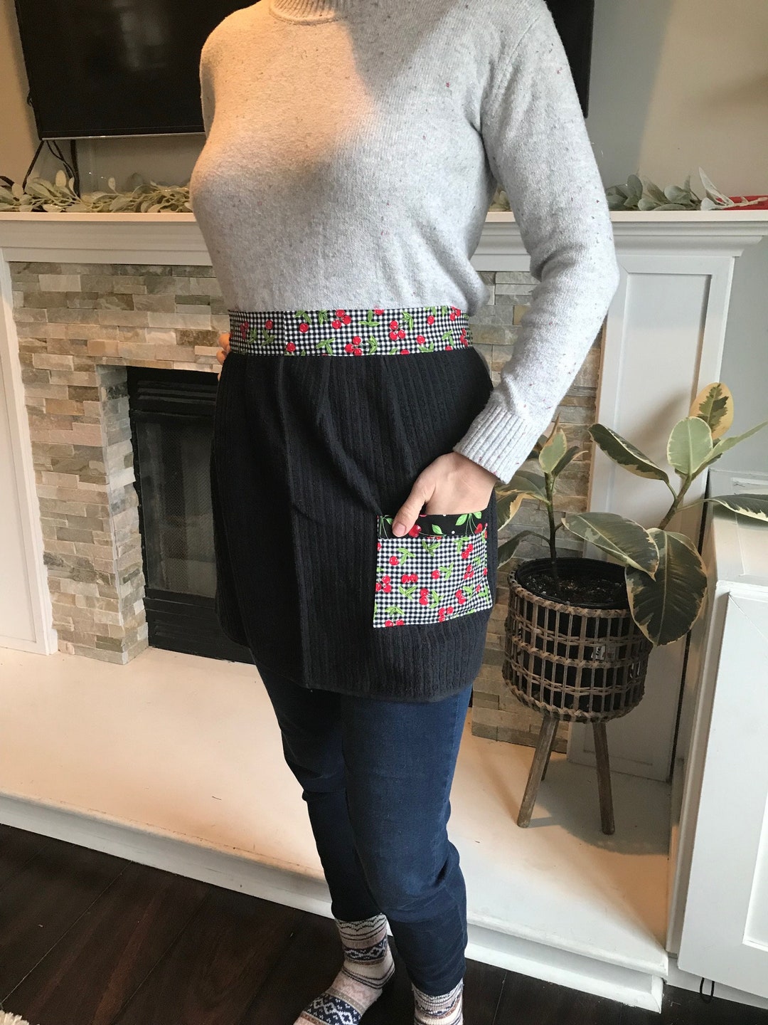 Apron black Terry Cloth With Cherry Motif Embellishment - Etsy