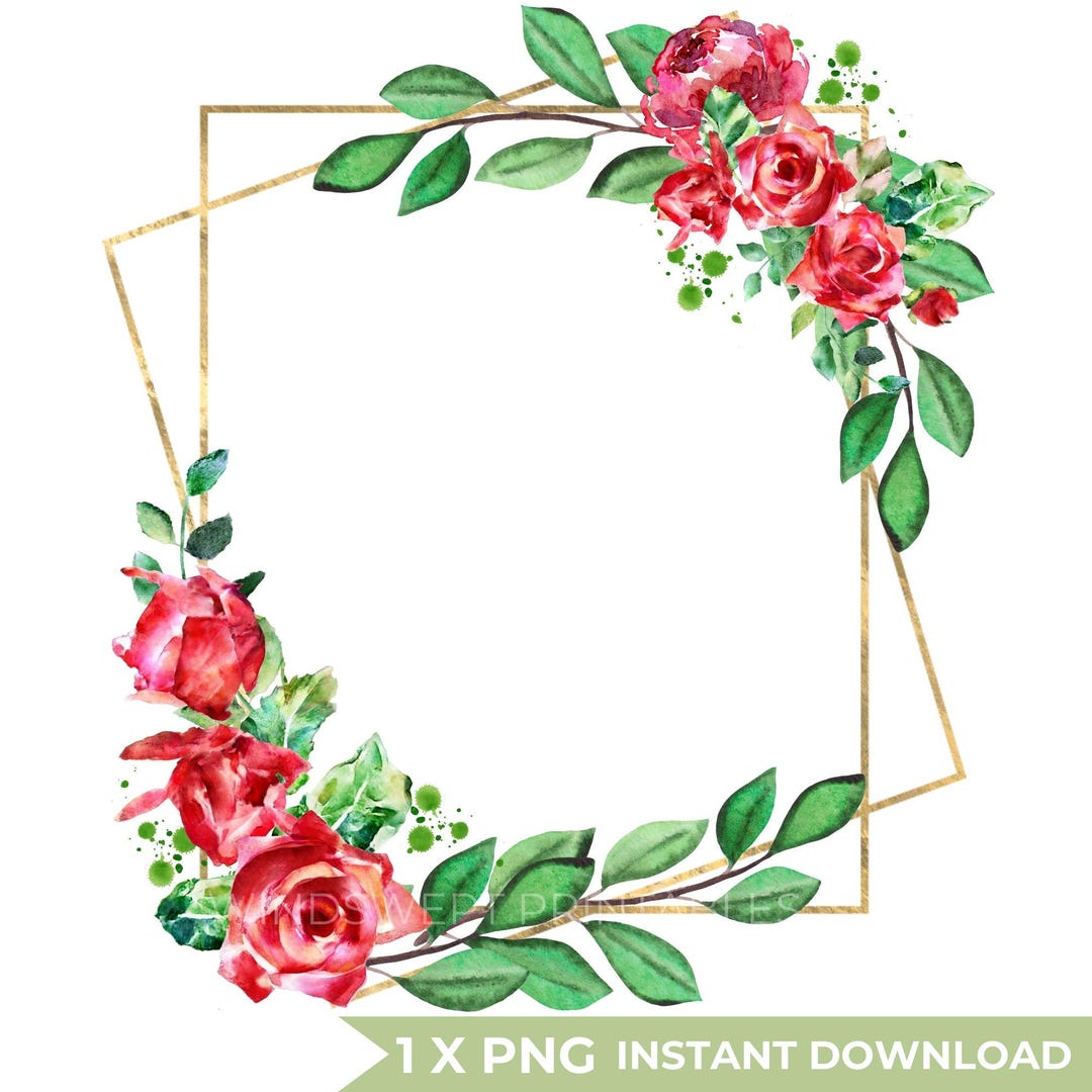 Red Rose Floral Frame Clipart: Red Roses on Gold PNG File (PRINTABLE ...