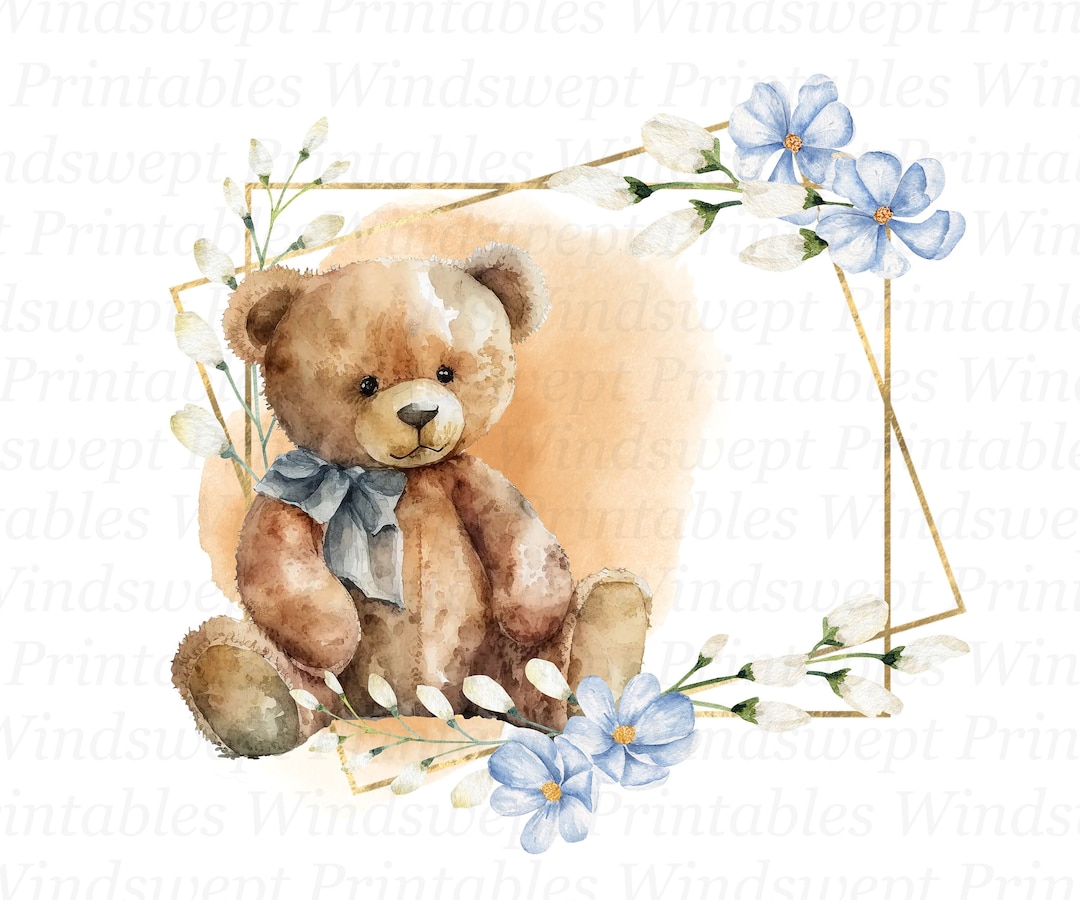 Teddy Bear Frame With Blue Flowers Png File, Sublimation Designs ...