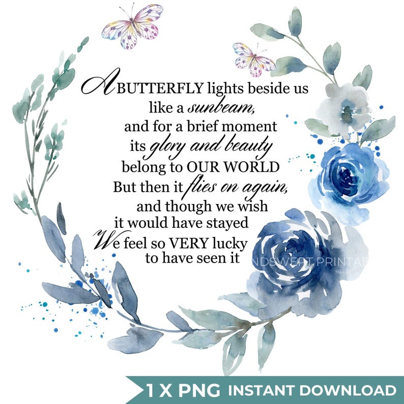 Memorial Clipart: A Butterfly Lights Beside Us PNG File, Blue Roses ...