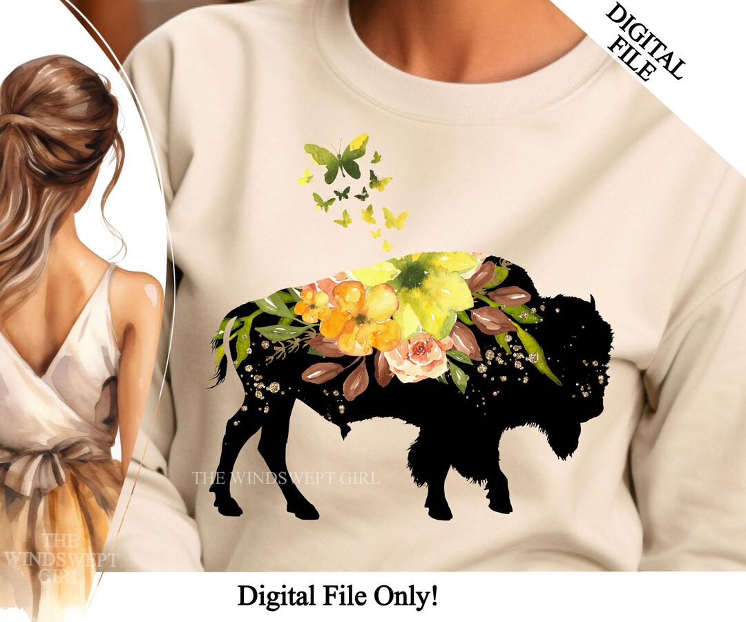 Floral Bison PNG File for Sublimation, Buffalo Silhouette, Instant ...