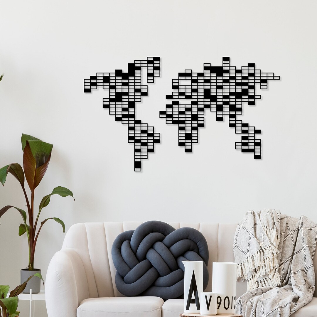 Pixel Metal Wall Art, Metal Wall Decor, World Map, Housewarming, Steel ...