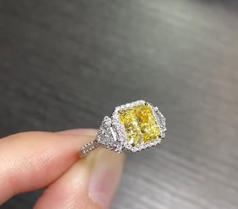 Canary Yellow Diamond Engagement Ring Princess Cut Moissanite Cluster ...