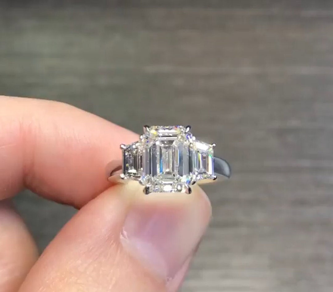 Three Stone Emerald Cut Moissanite Engagement Ring, Emerald Cut ...
