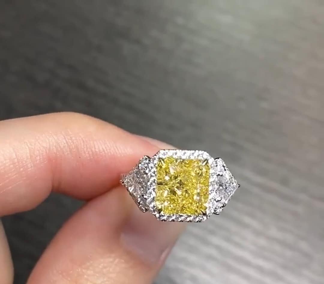 Canary Yellow Diamond Engagement Ring Princess Cut Moissanite Cluster ...