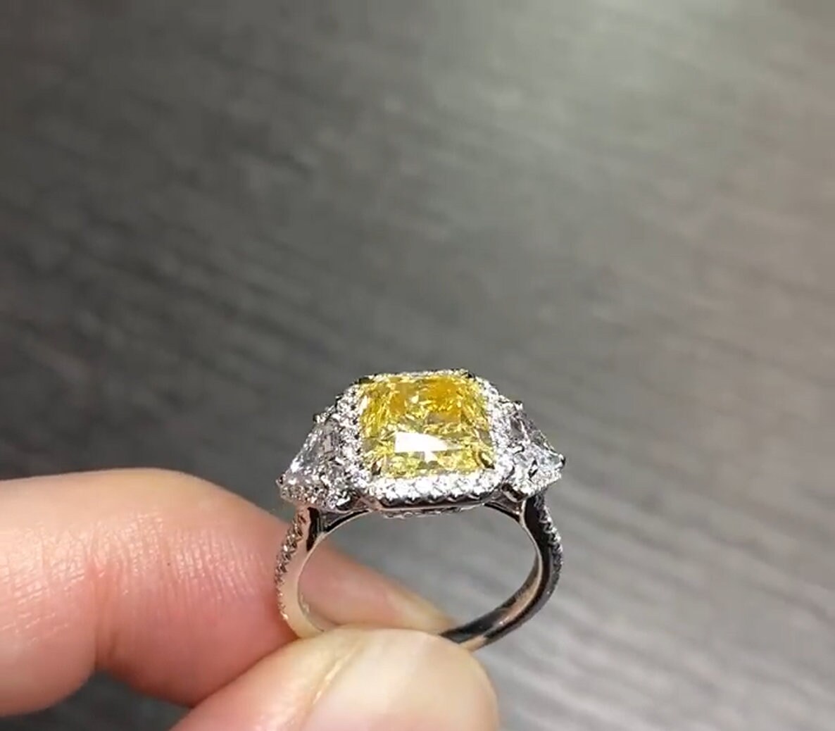 Canary Yellow Diamond Engagement Ring Princess Cut Moissanite Cluster ...