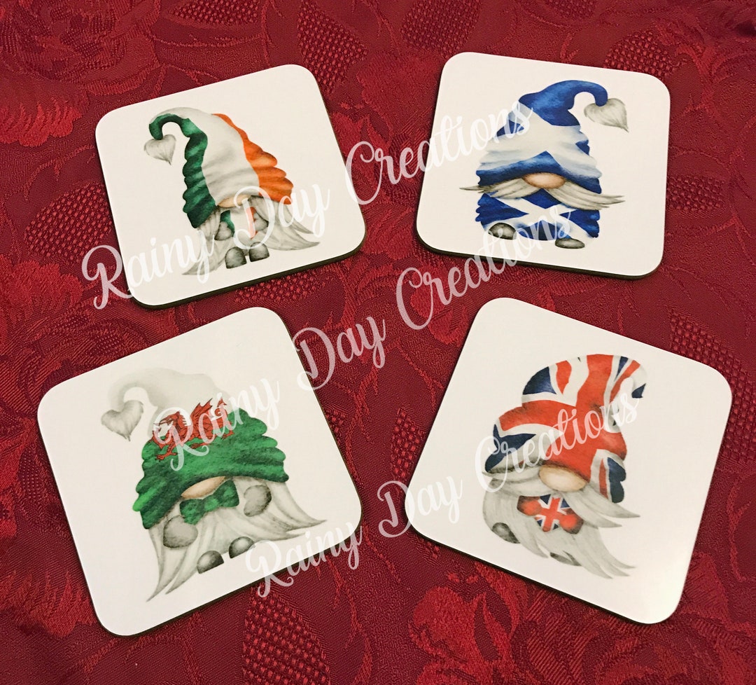 English, Irish, Scottish, or Welsh Gnome Design Wooden Coasters - Etsy UK