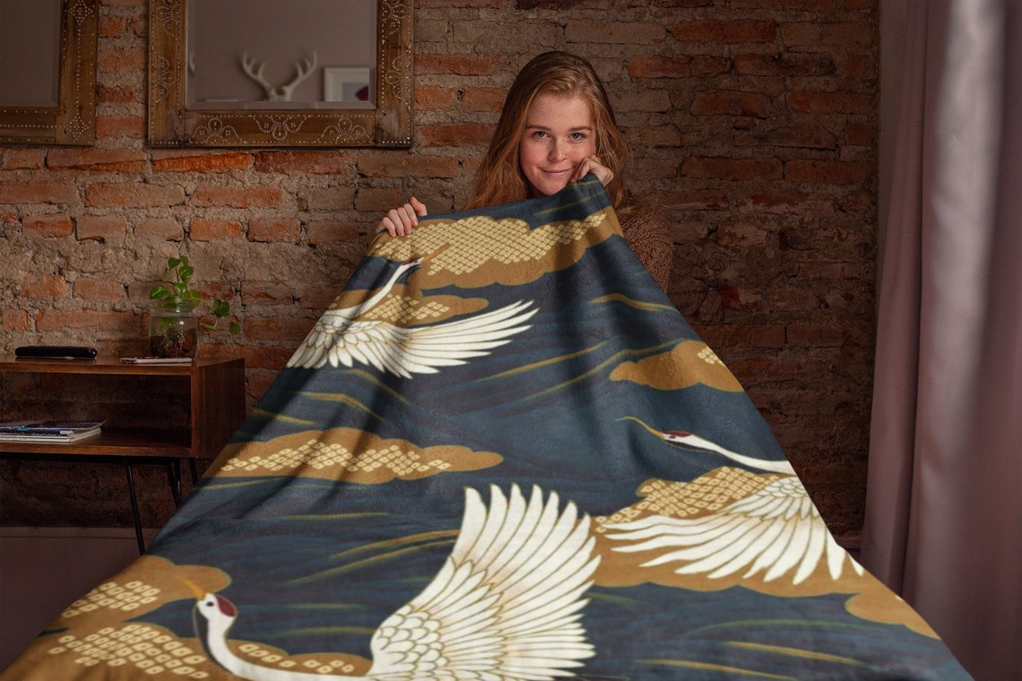 Cute Japanese Crane Blanket - Crane Throw Blanket - Crane Fleece ...