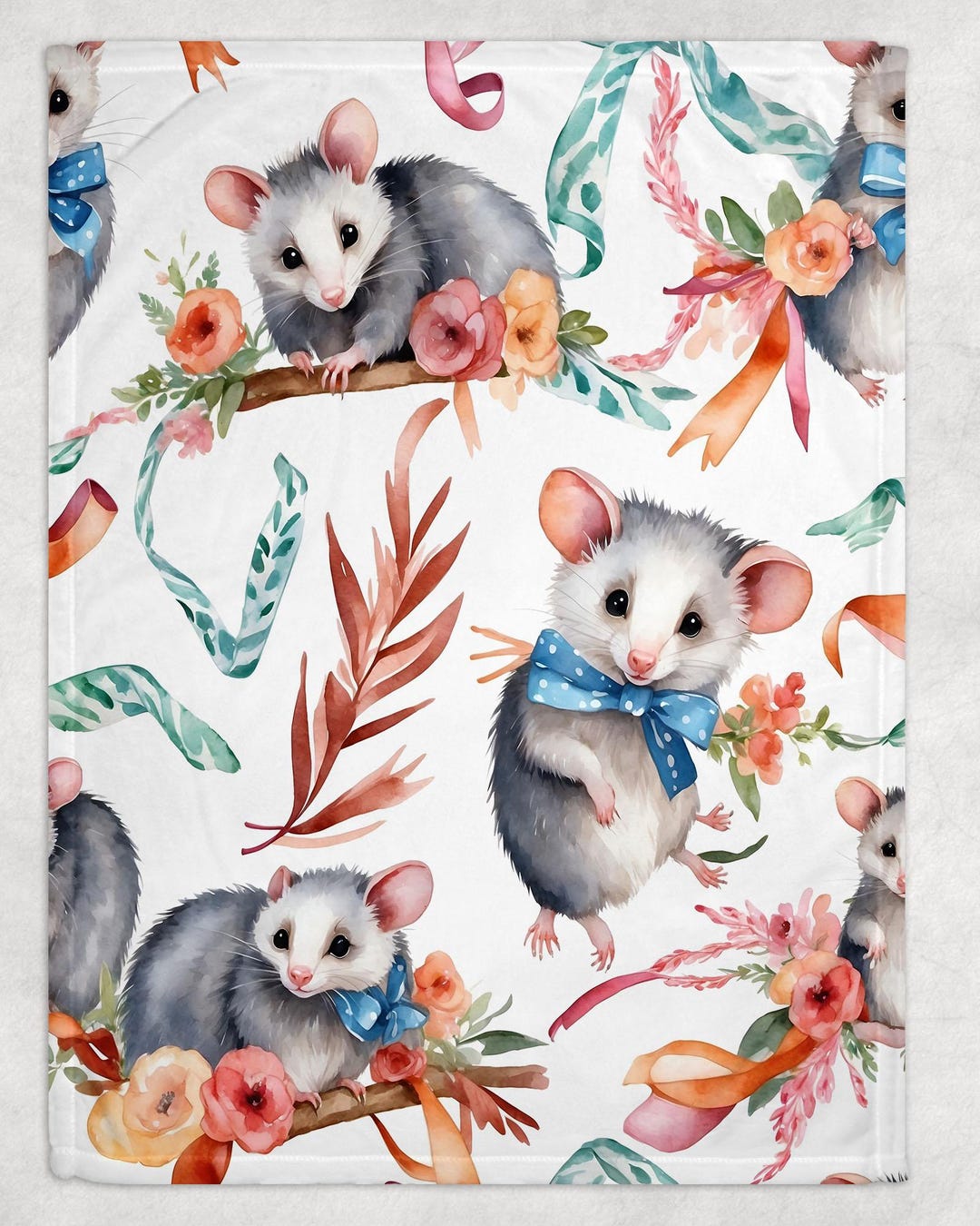 Coquette Girly Opossum Blanket, Cute Kawaii Possum Throw, Pink Bow ...