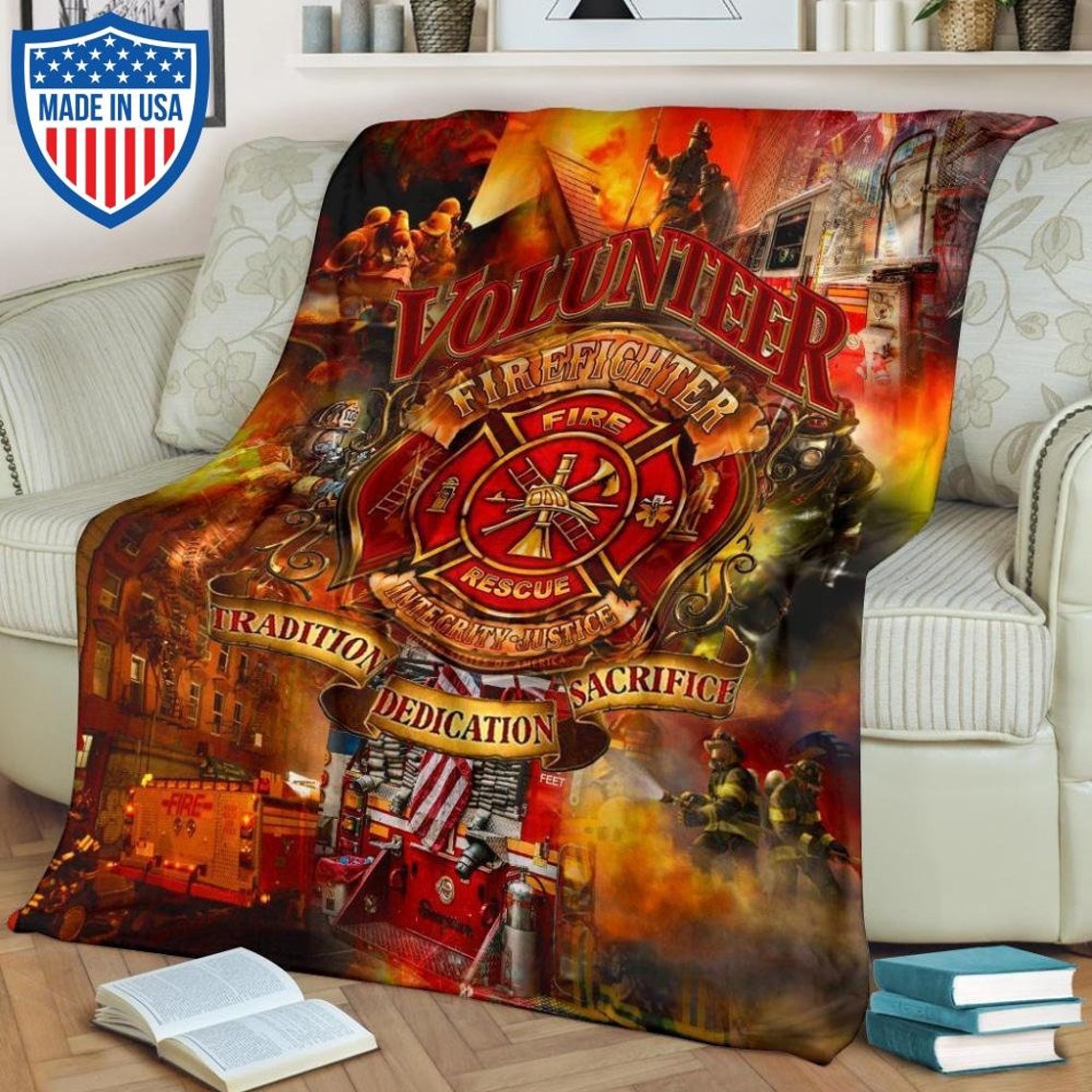 Firefighter Blanket Throw fire dept bedsheet gift fireman fire | Etsy