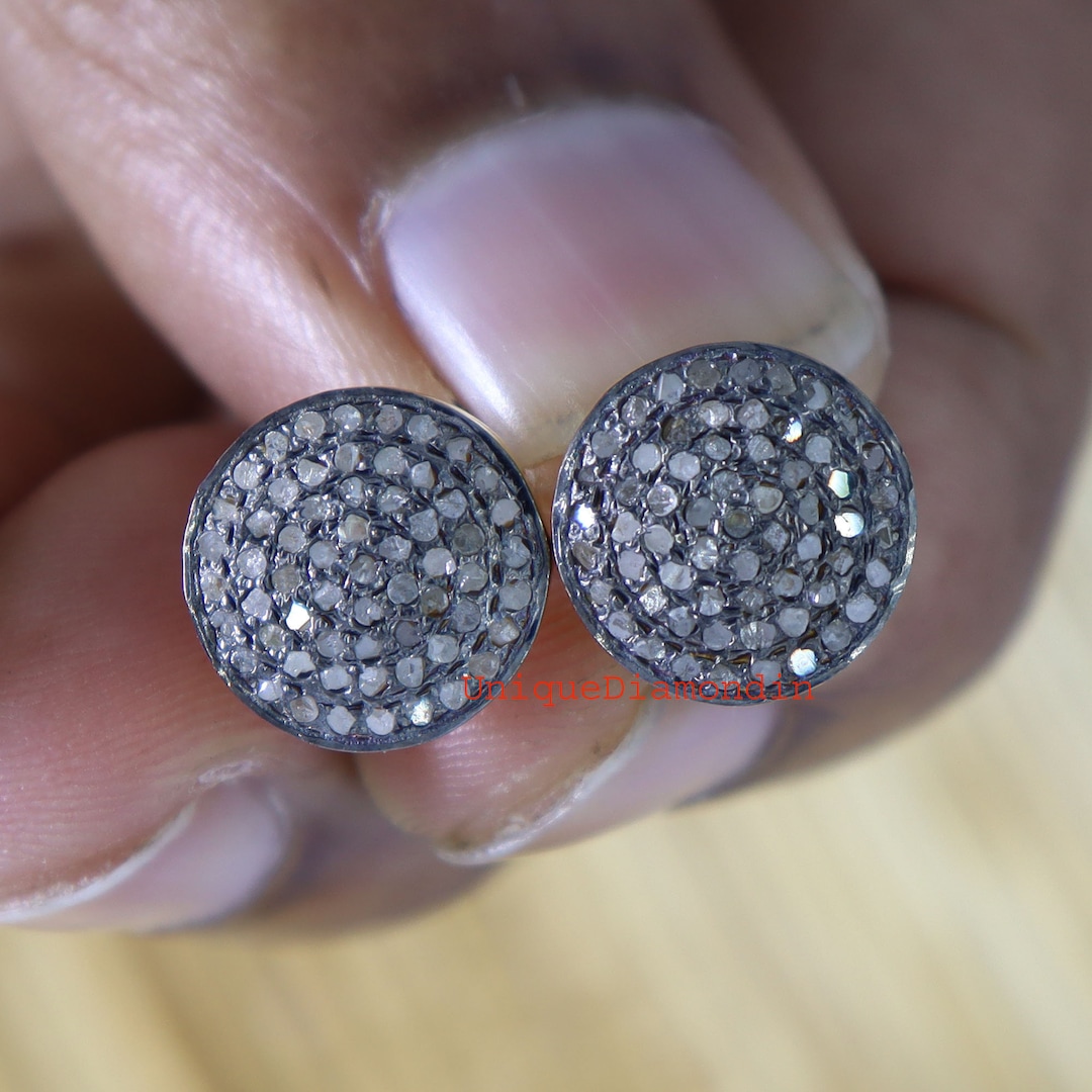 Beautiful Circle Design Pave Diamond Studs 925 Sterling Silver Handmade ...