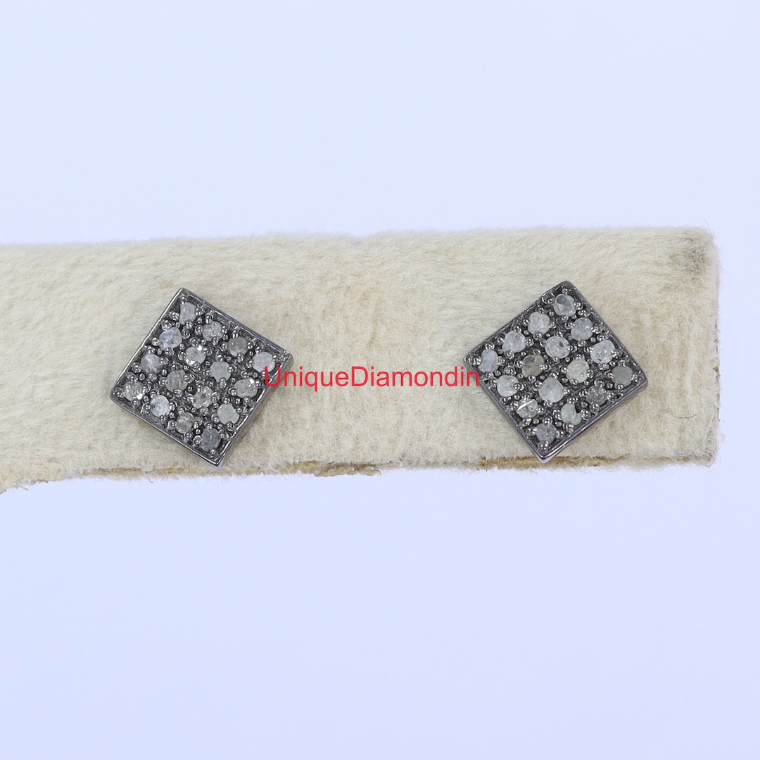 Beautiful Square Design Pave Diamond Studs 925 Sterling Silver Handmade ...