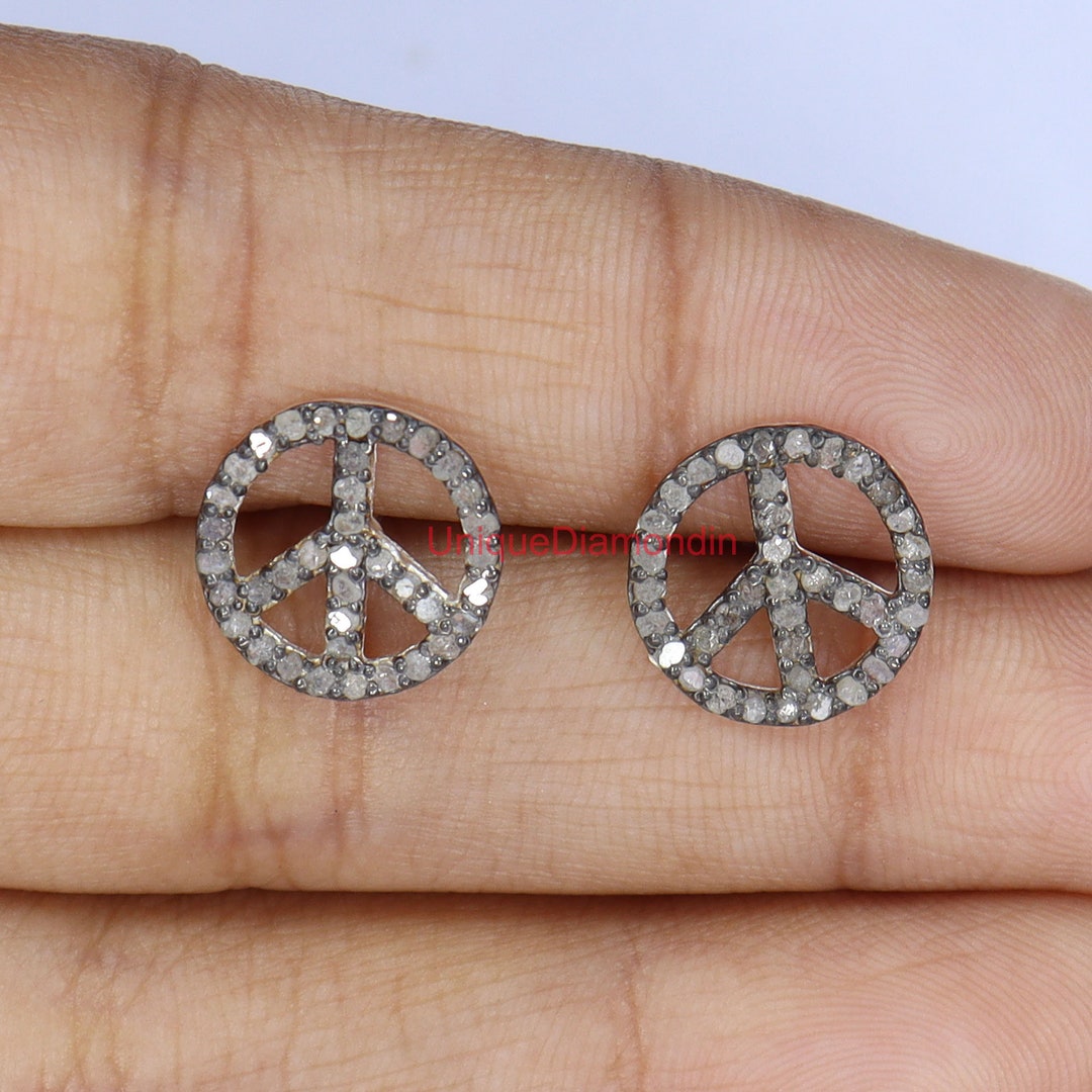 Peace & Love Anit-war Symbol Natural Pave Diamond Studs, 925 Sterling ...