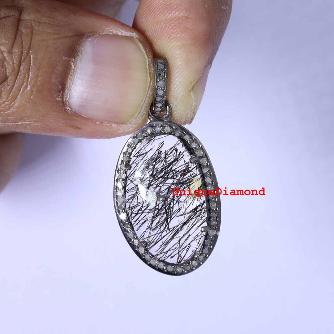 Natural Black Rutile & Pave Natural Diamond Pendent 925 - Etsy