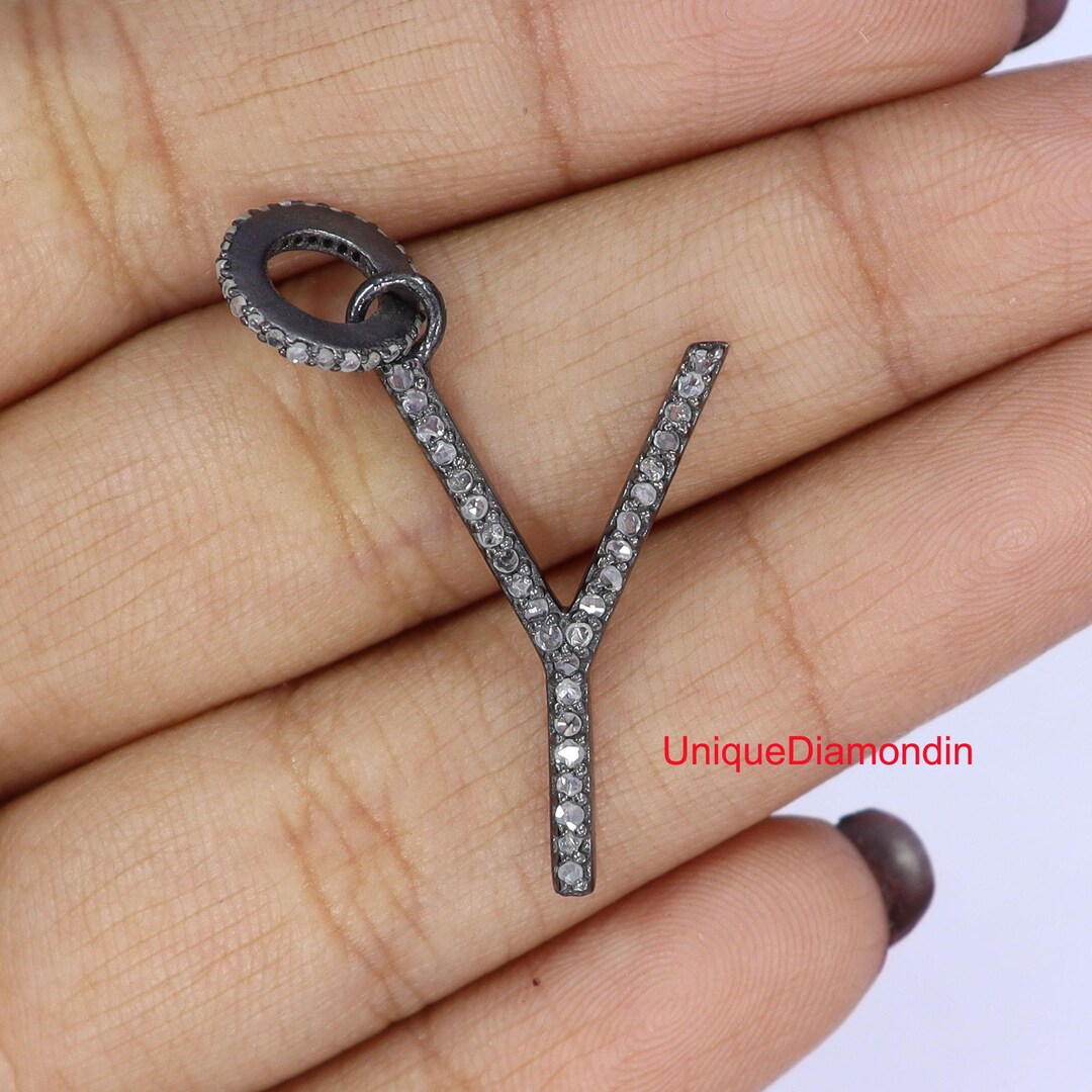 Natural Rose Cut Diamond Letter Y Pendant, 925 Sterling Silver Oxidized ...