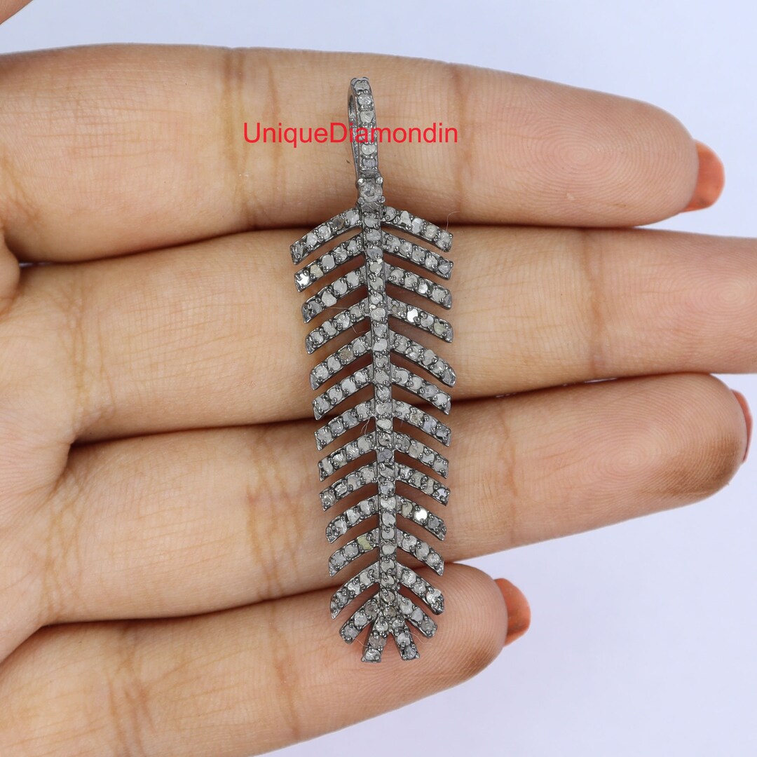 Pave Diamond Leaf Shape Pendant, Handmade Diamond Pendant, 925 Silver ...