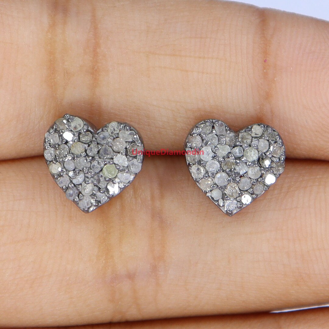 Heart Shaped Natural Pave Diamond Studs Earrings, 925 Sterling Silver ...