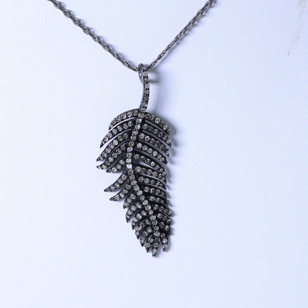 Beautiful Leaf Shape Natural Diamond Pendant Necklace, 925 Sterling ...