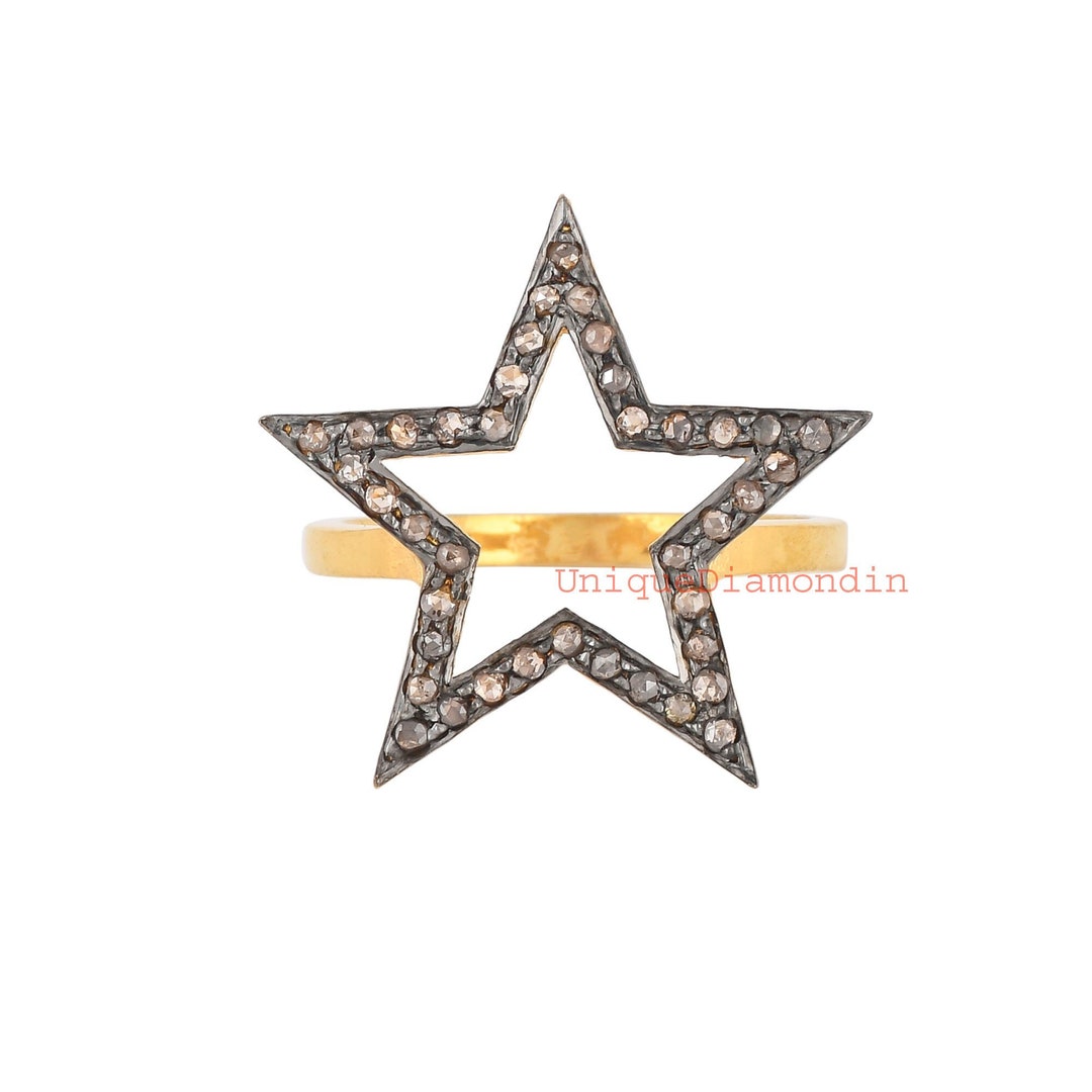 Natural Rose Cut Diamond Pave Ring, 925 Sterling Silver Gold & Black ...