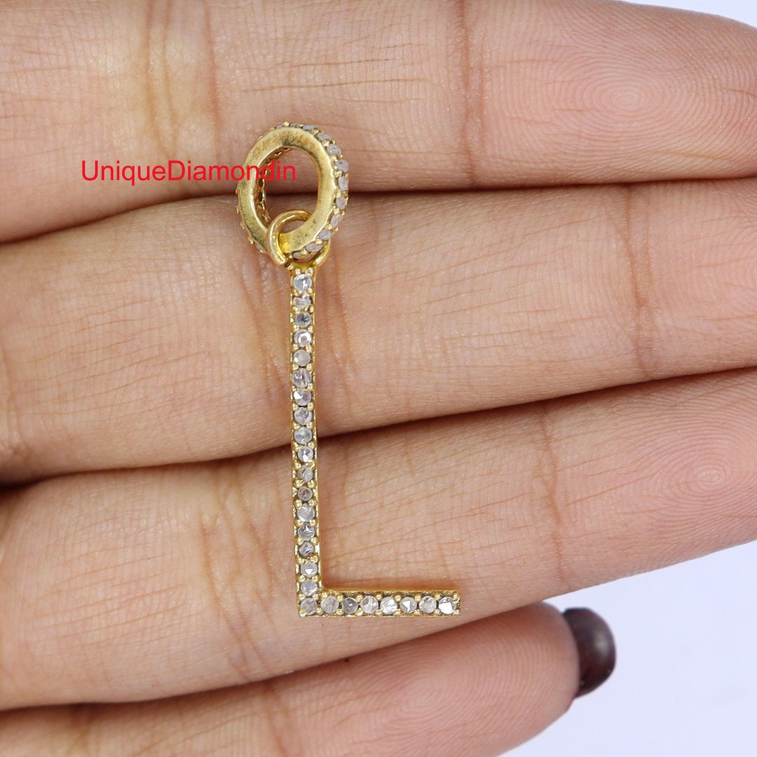 Rose Cut Diamond Letter L Pendant, Yellow Gold Sterling Silver Necklace ...