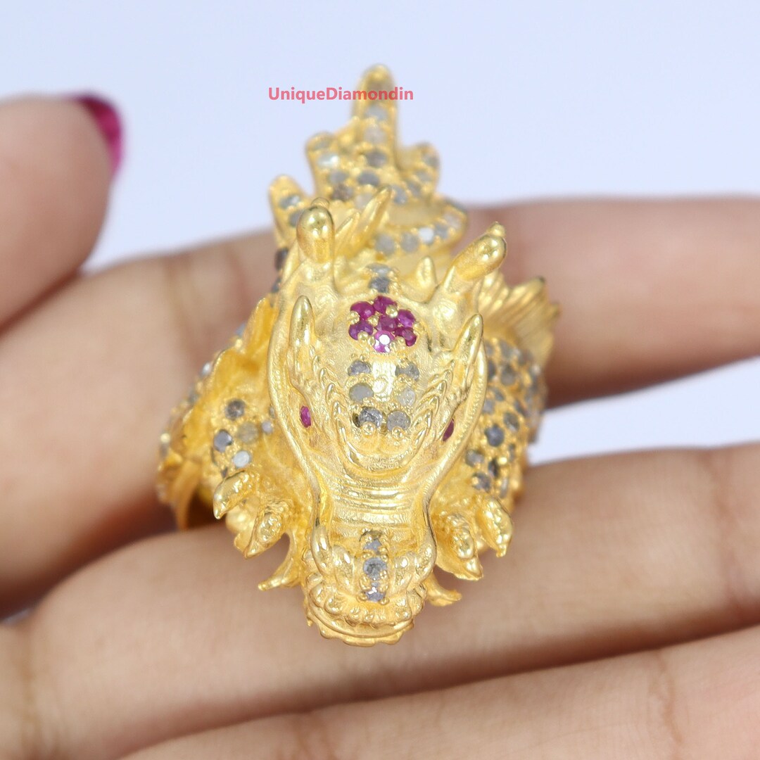 Natural Diamond Dragon Ring, Dragon Face Diamond & Natural Ruby Ring ...