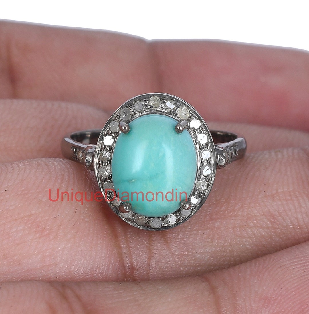 Genuine Turquoise & Diamond Ring, Pave Diamond Ring, Turquoise Ring ...