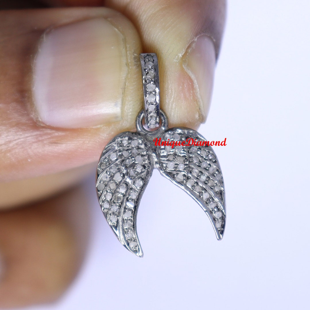 Double Wing Design Natural Pave Diamond Pendant, 925 Sterling Silver ...
