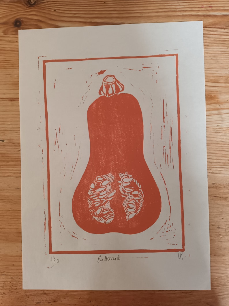 Original Art Lino Print Hand Printed Wall Art Butternut Squash ...