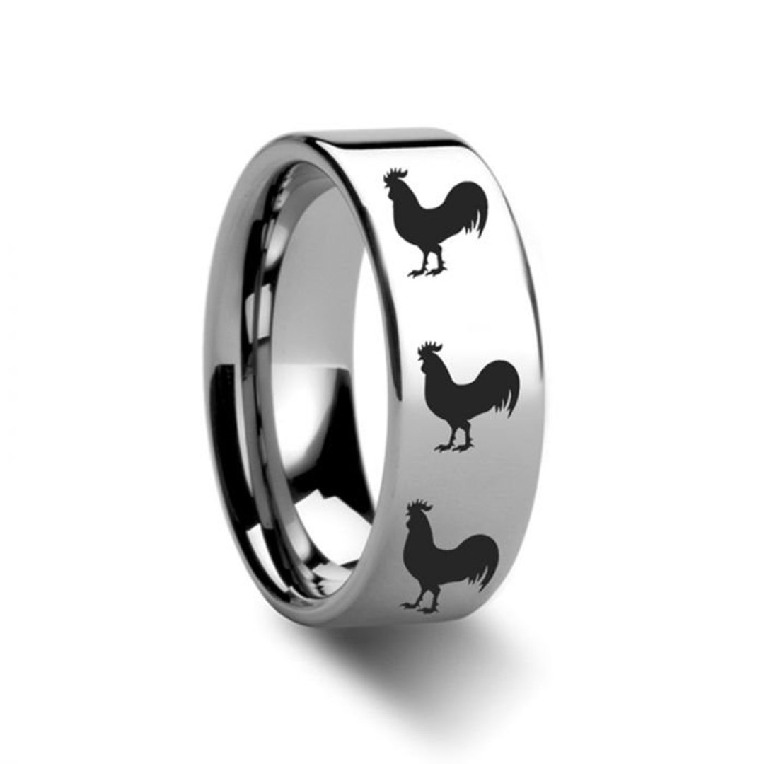 Animal Rooster Print Ring Engraved Flat Tungsten Ring - 4mm - 12mm, Men ...