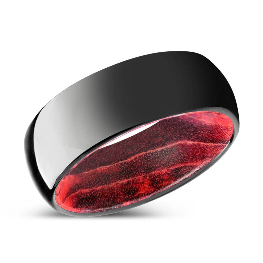 TIMBER | Black & Red Wood, Black Shiny Domed Tunsgten 8MM Rings ...
