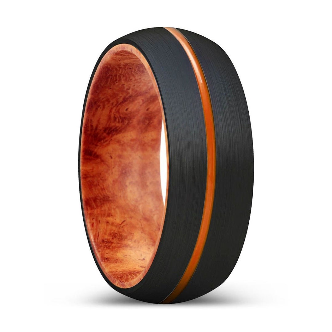 TEMPLEWOOD | Red Burl Wood, Black Tungsten Ring, Orange Groove, Domed ...