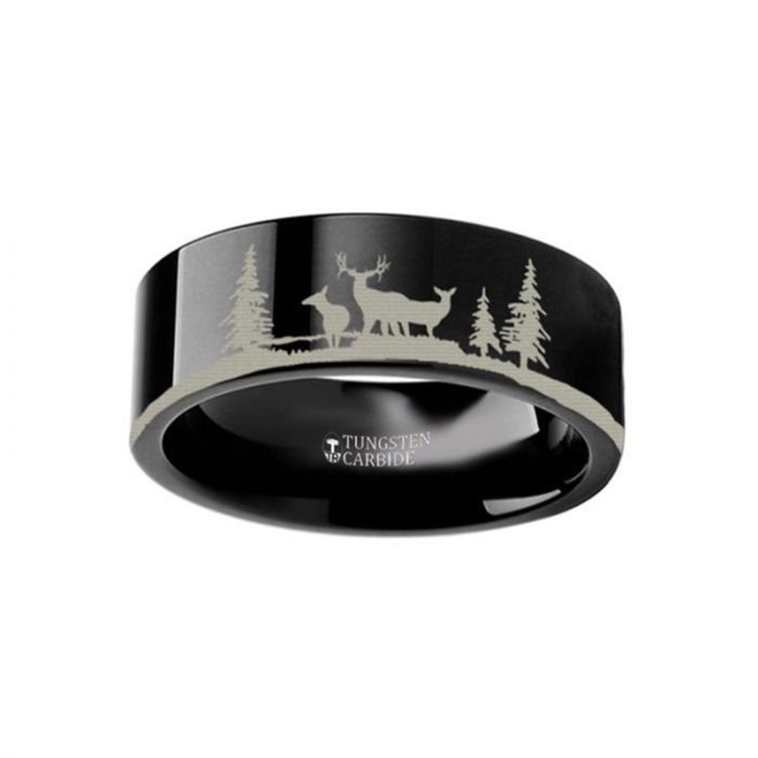 Animal Landscape Scene Reindeer Deer Stag Ring Engraved Flat Black ...