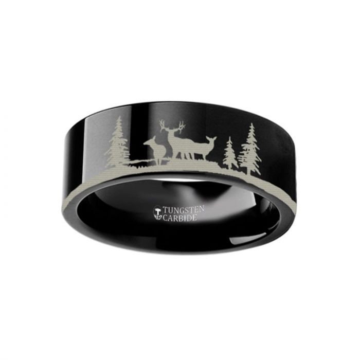 Animal Landscape Scene Reindeer Deer Stag Ring Engraved Flat Black ...