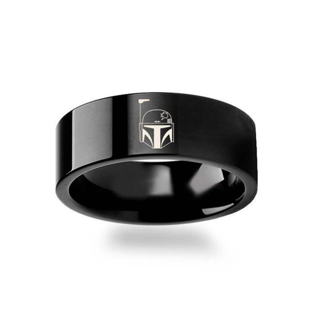 Boba Helmet Symbol Wars Polished Black Tungsten Engraved Ring Jewelry ...