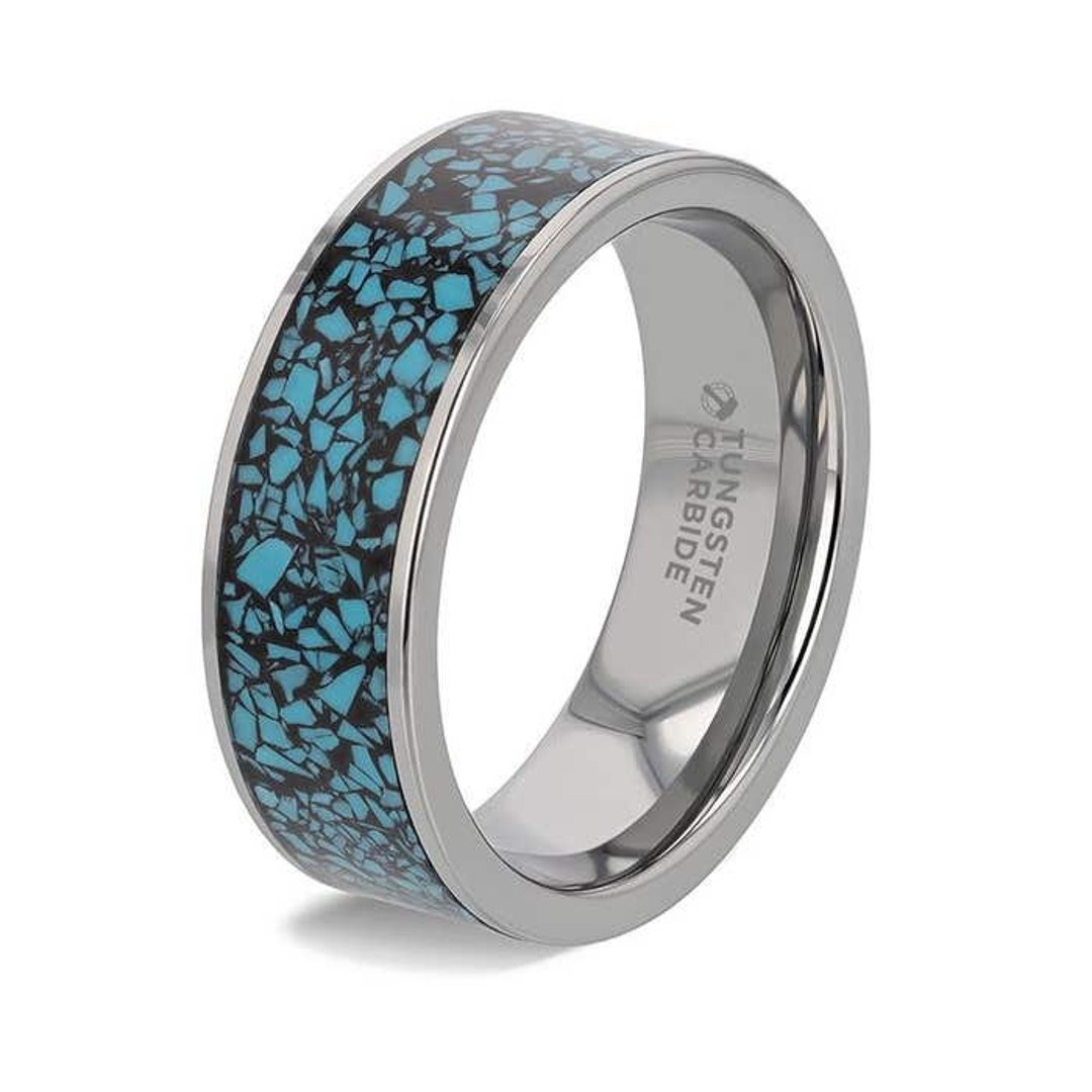 TURKUAZ Crushed Turquoise Inlay Tungsten Men's Wedding Band With Flat ...