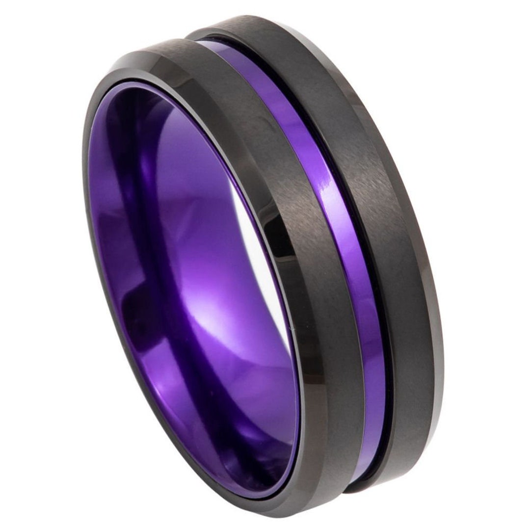 Black and Purple Brushed Tungsten Ring, Men's Wedding Band, 8MM ...