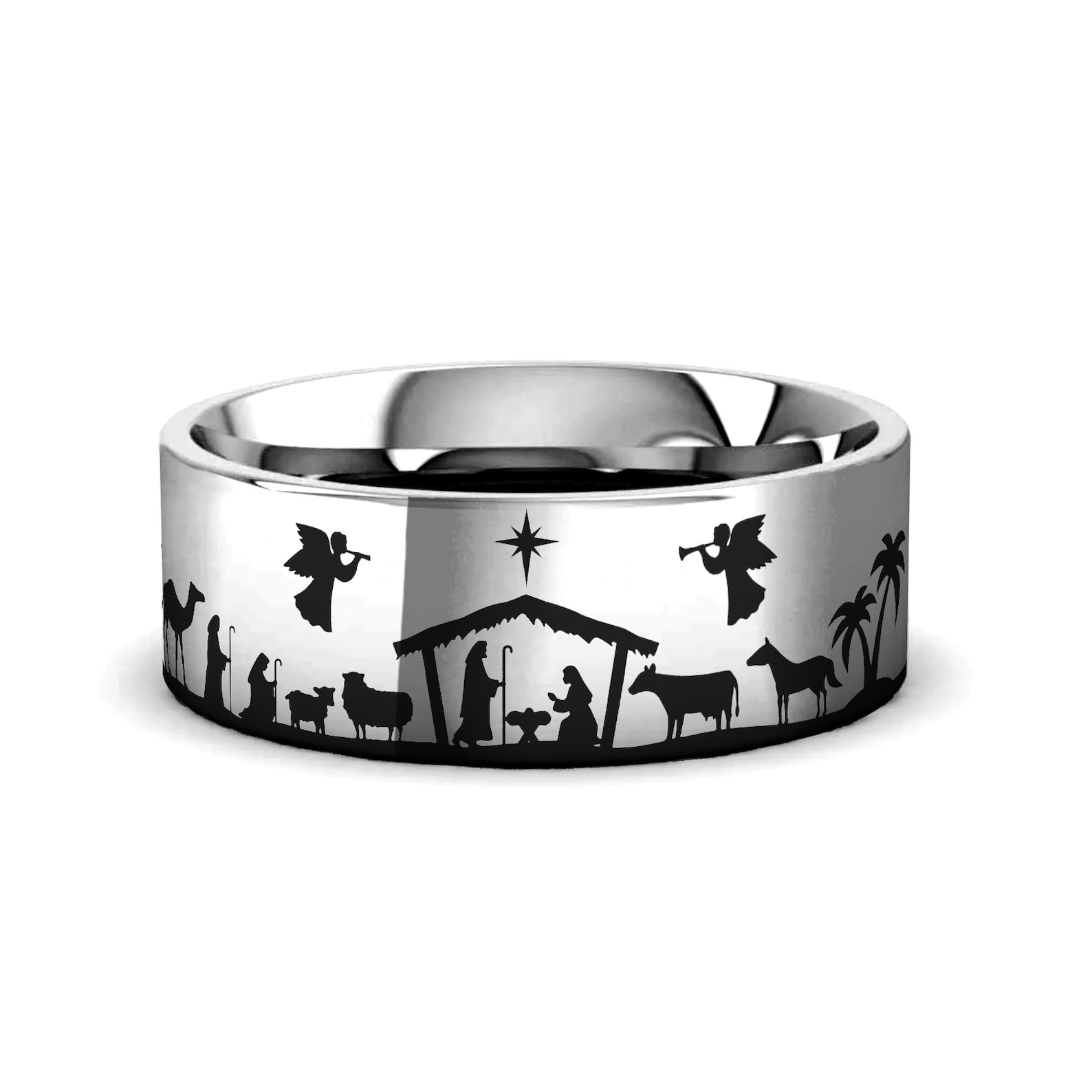 NATIVITY SCENE on Flat Tungsten Carbide Ring 6mm to 10mm, Men's Wedding ...