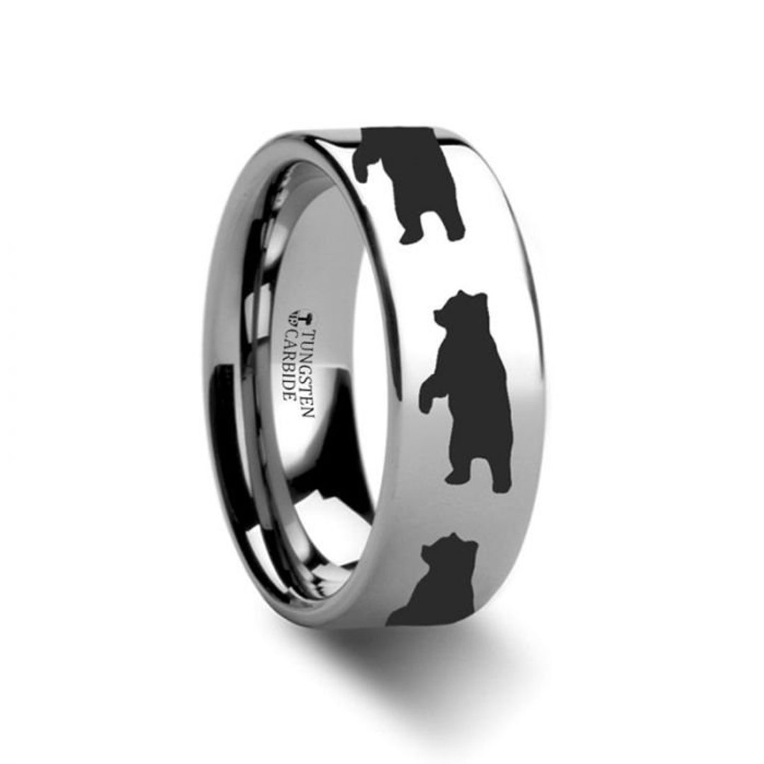 Standing Bear Print Ring Engraved Flat Tungsten Ring - 4mm - 12mm, Men ...