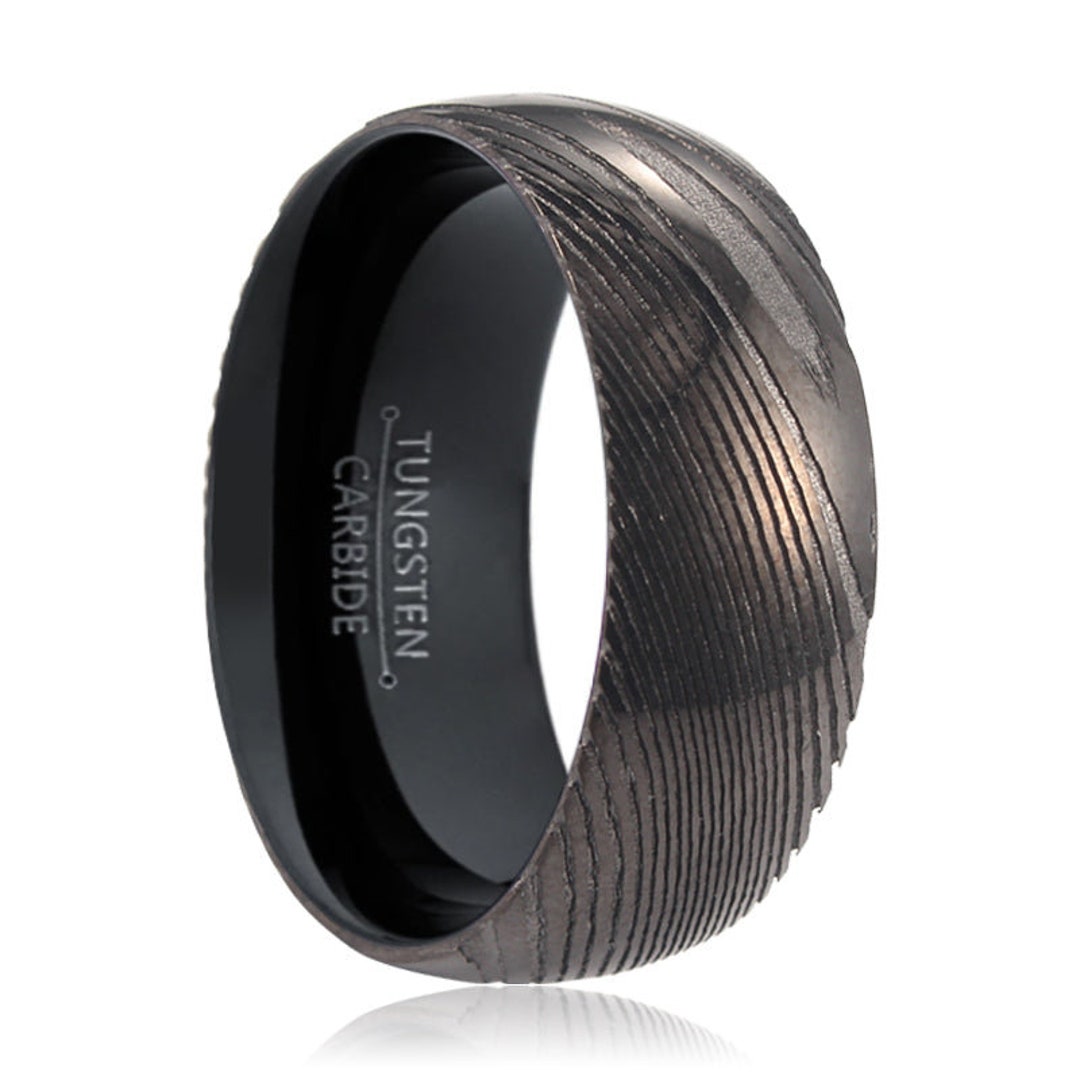 JACKAL | Black Ring, Gunmetal Damascus Steel Ring, Domed 6mm and 8mm ...