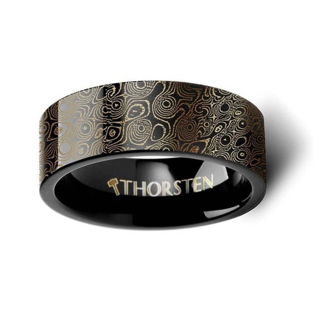 Circular Damascus Steel Engraved Pattern Black Tungsten Engraved Ring ...