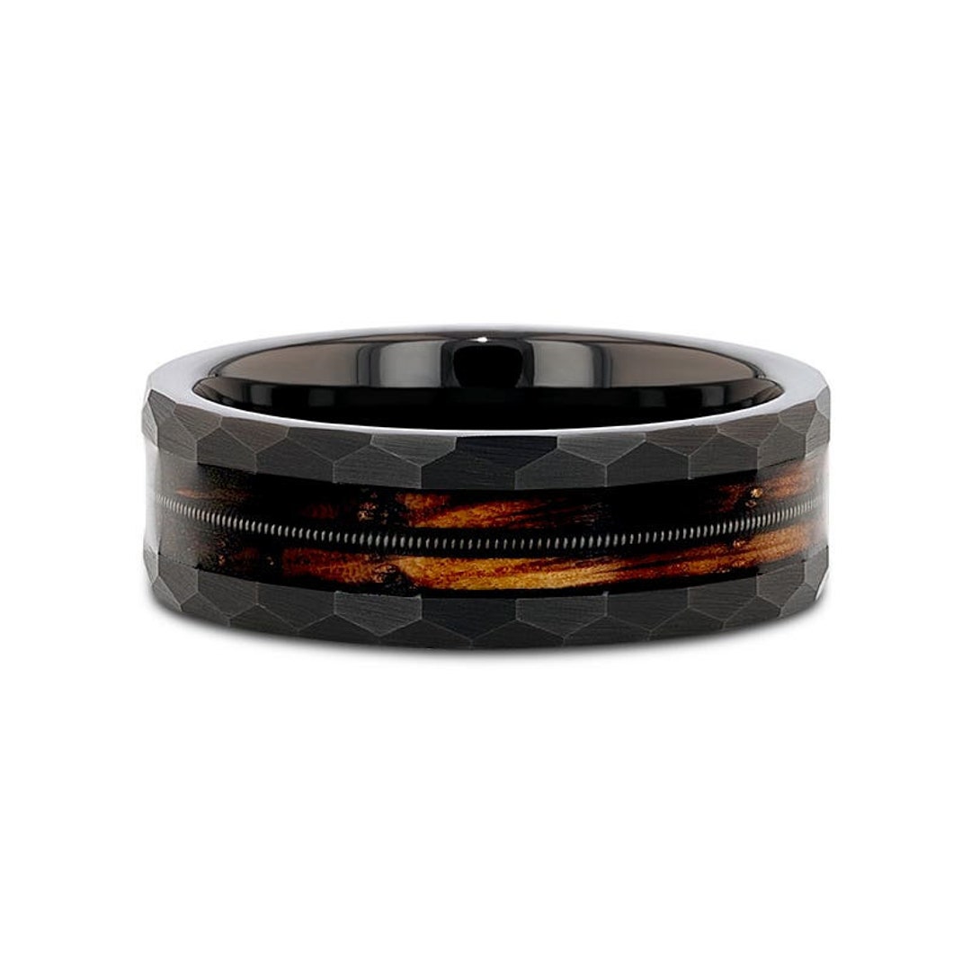 RIFF Black Tungsten Ring With Charred Whiskey Barrel and Guitar String ...