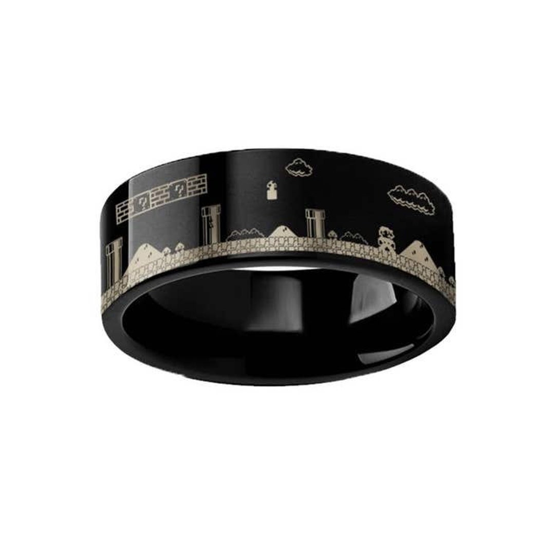 Engraved Super Mario Bros Pixel Level Game Black Tungsten Ring - 4mm ...