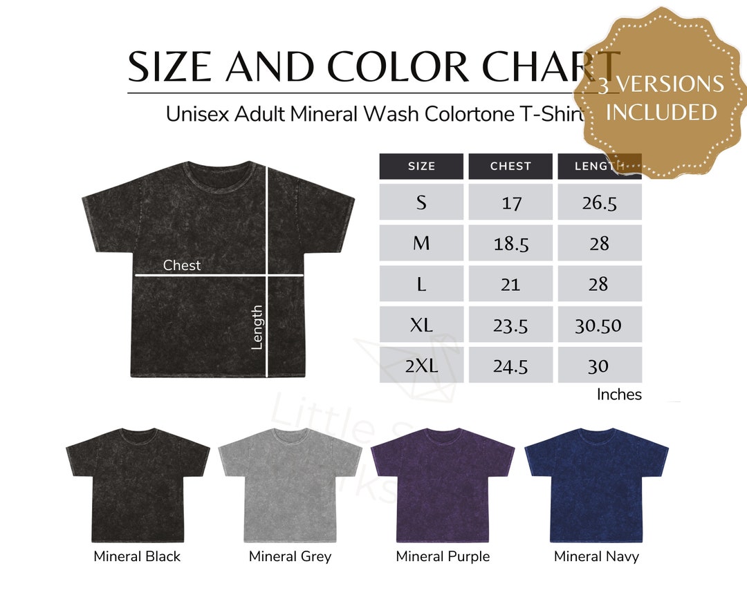 Mineral Wash T-shirt Color & Size Chart: Unisex 1300 Tee (digital ...