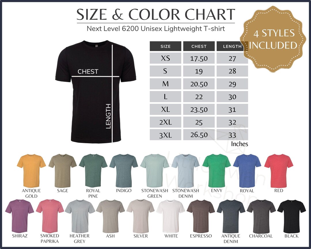 Next Level 6200 Color Chart, Unisext-shirt Size and Color Table ...