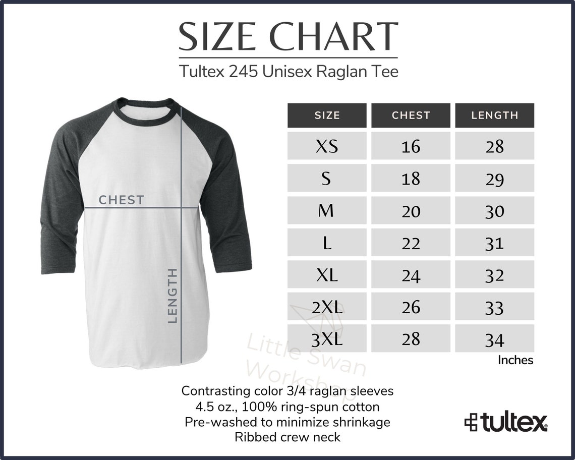 Tultex 245 Size Chart 245TC Tultex 3/4 Raglan Size Table - Etsy