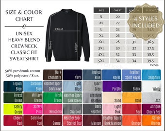Gildan 18000 Color Chart and Size Chart, Gildan Crewneck Sweatshirt ...
