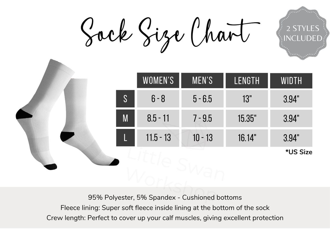 Sock Size Chart, AOP Sublimation Sizing Guide, 2 Versions Included - Etsy