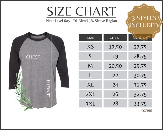 Next Level 6051 Size Chart Next Level 6051 Raglan Size Table | Etsy
