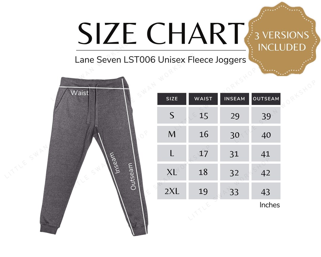 Lane Seven LST006 Size Chart, Unisex Fleece Joggers Size Guide, LST ...