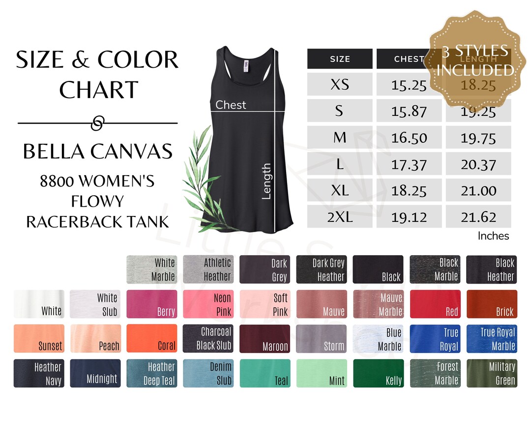 Bella Canvas 8800 Color Chart, BC Women's Flowy Racerback Tank Size and Color Table, All Colors ...